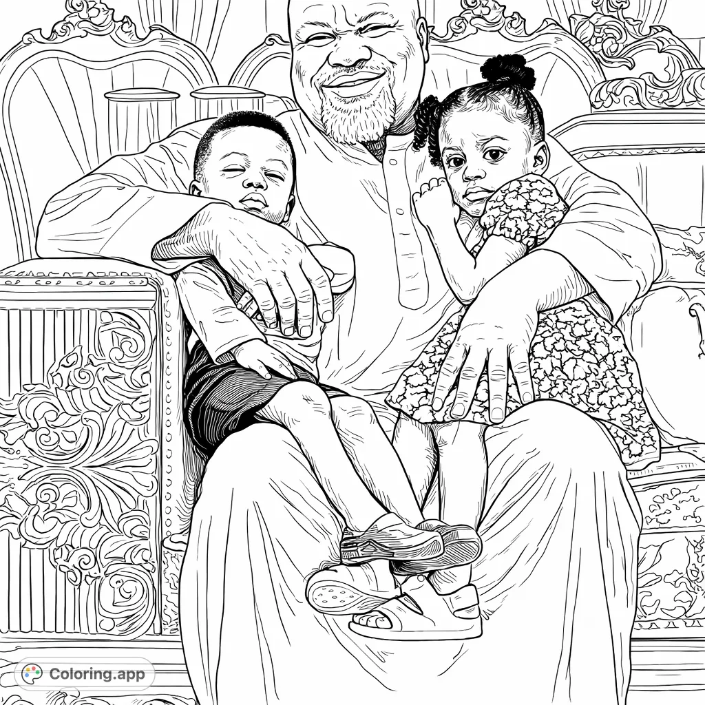 Family Embrace on Ornate Chair - Coloring.app