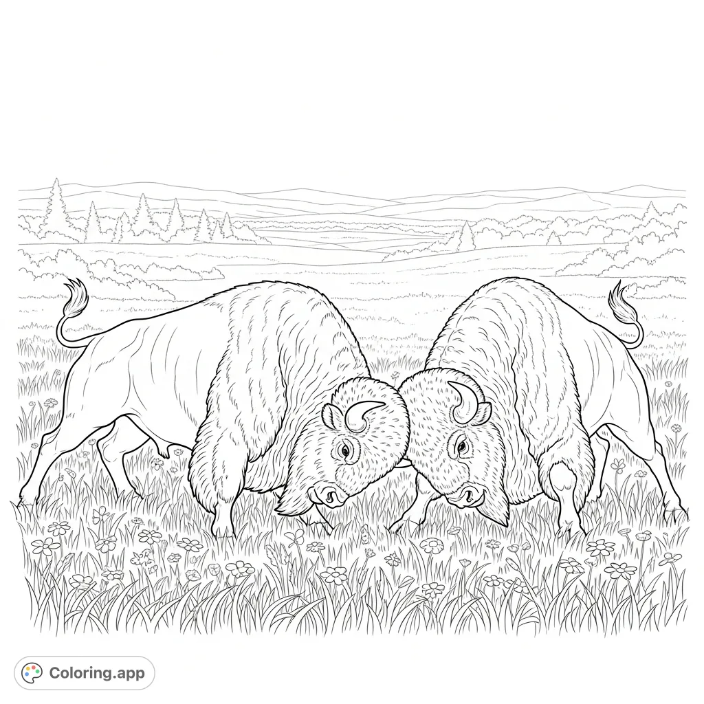 Bison Clash in Meadow - Coloring.app