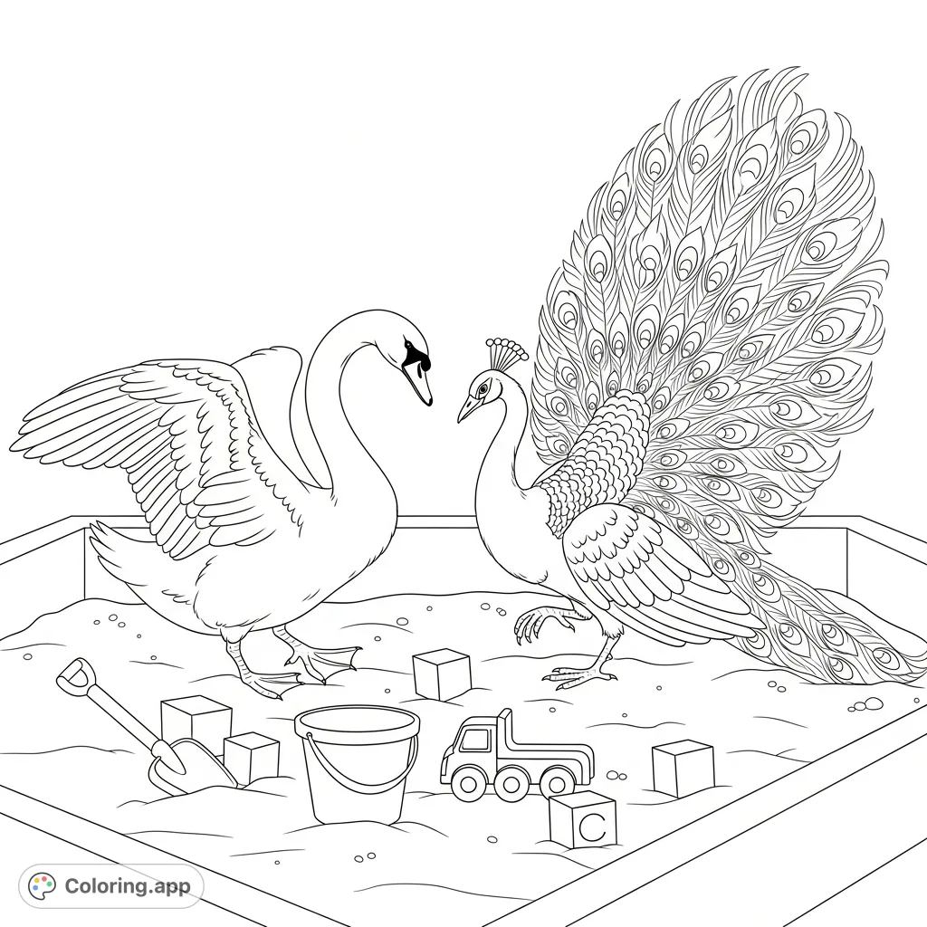 Swan and Peacock Sandbox Showdown - Coloring.app