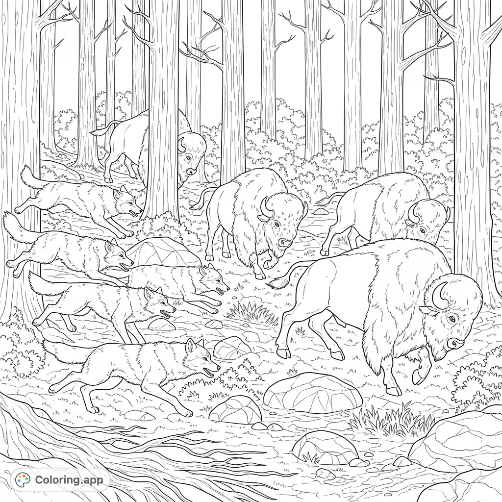 Wolves and Bison Forest Chase - Coloring.app