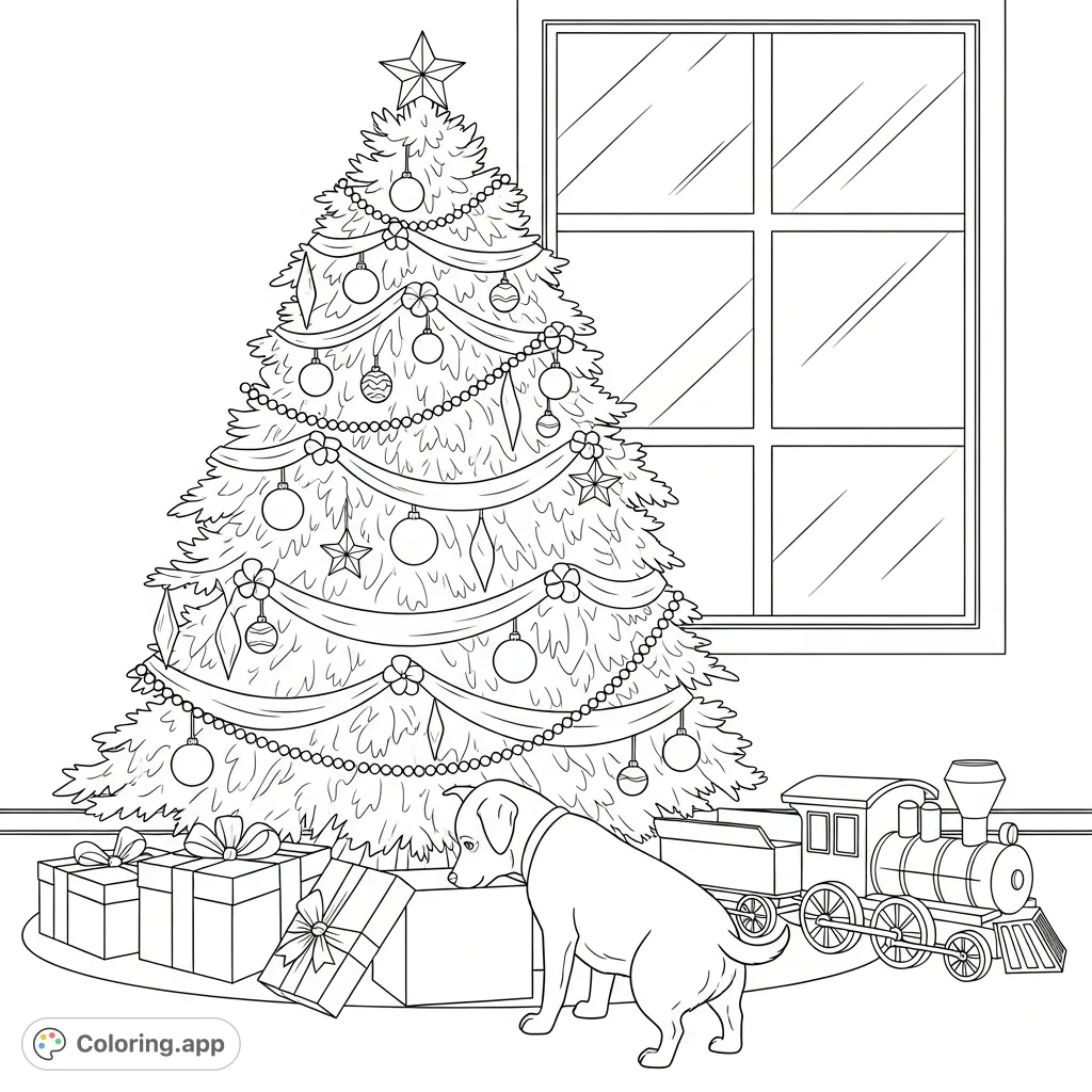 Festive Tree, Pup, and Train - Coloring.app