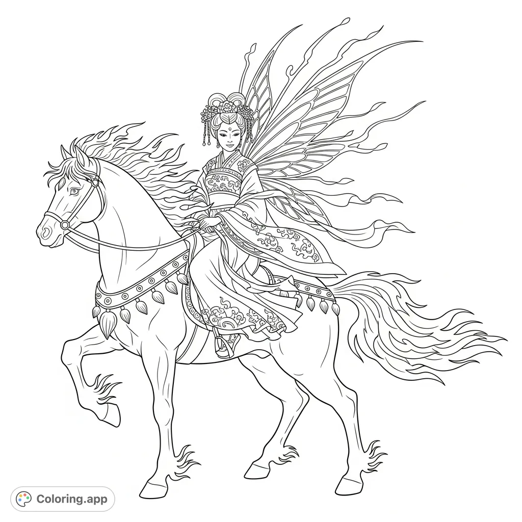 Lunar Fairy on Fire Horse - Coloring.app