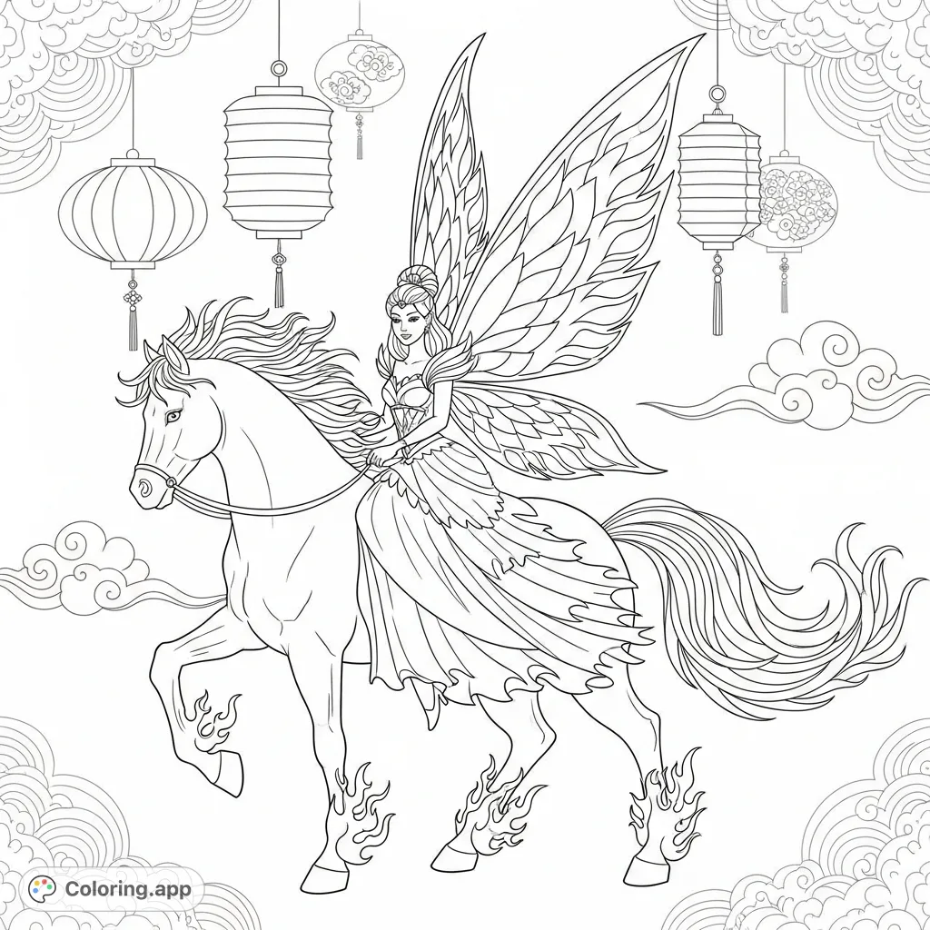 Lunar New Year Fairy and Fire Horse - Coloring.app