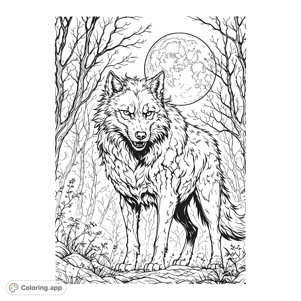Forest Wolf Under Moon - Coloring.app