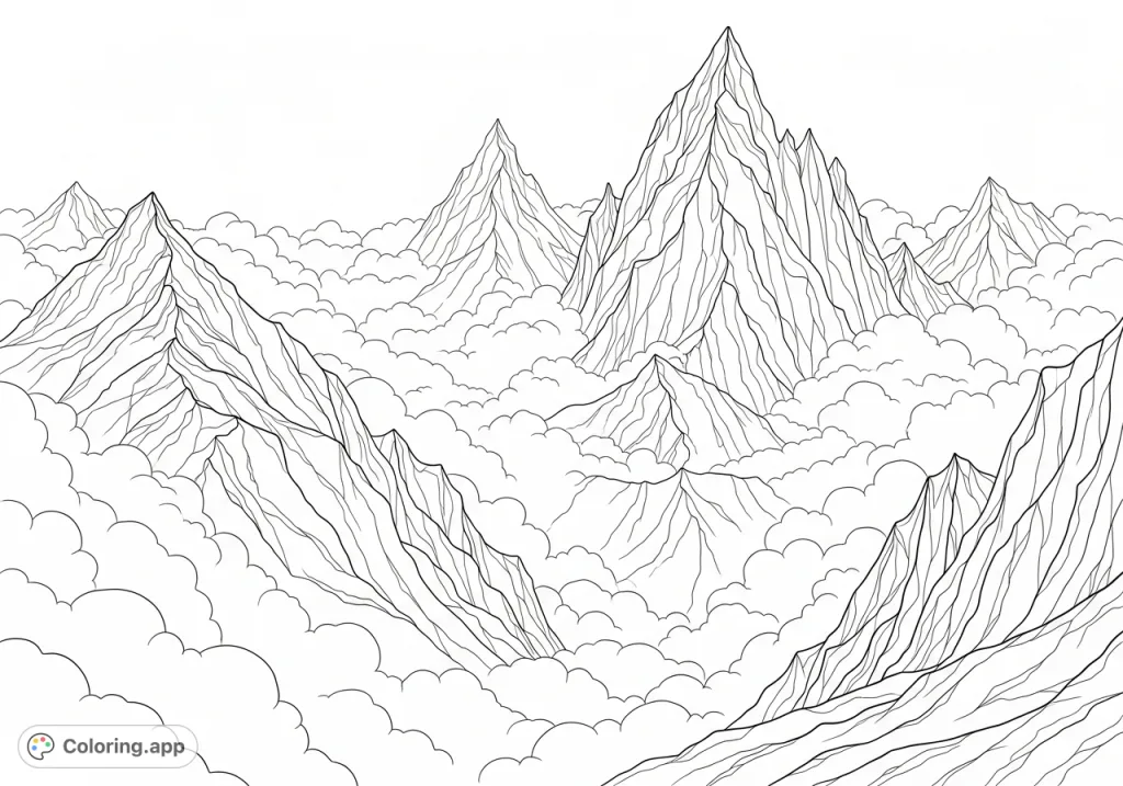 Majestic Cloud-Covered Peaks - Coloring.app
