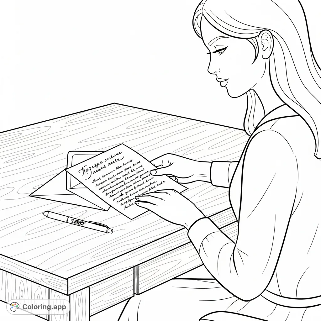 Woman's Contemplative Letter Reading - Coloring.app