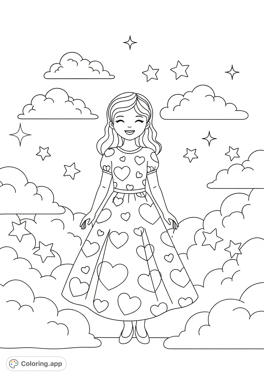 Smiling Girl Hearts Stars - Coloring.app
