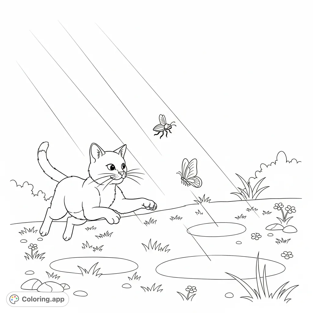 Playful Cat Chasing Bugs - Coloring.app