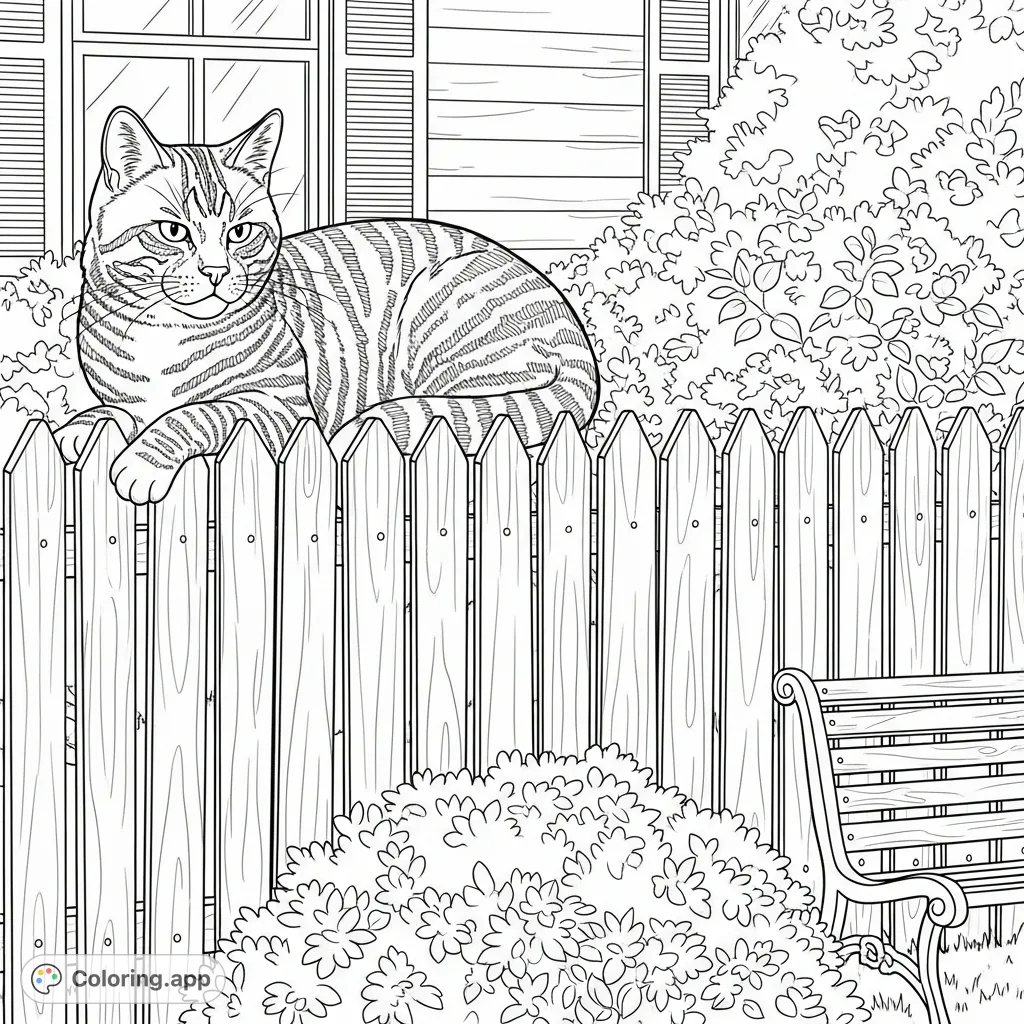 Stern Feline on Picket Fence - Coloring.app