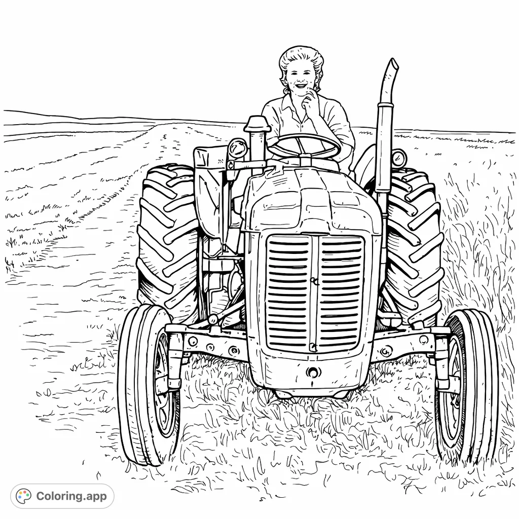 Woman on a Vintage Farm Tractor - Coloring.app