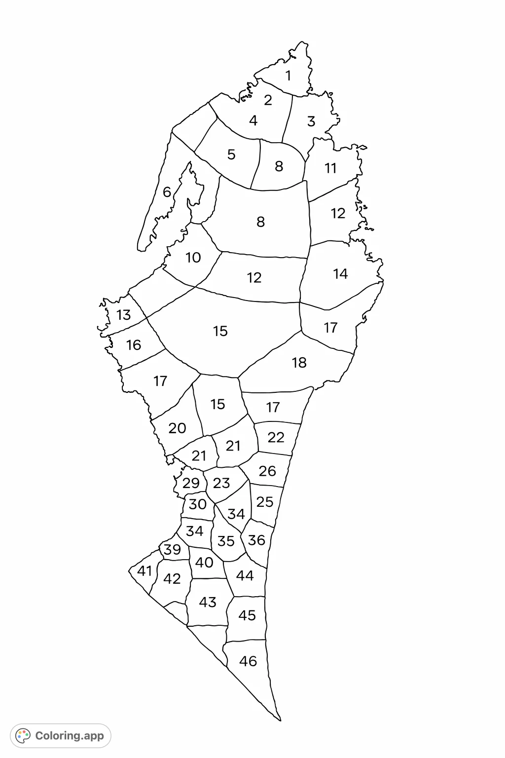Numbered Regional Map Outline - Coloring.app