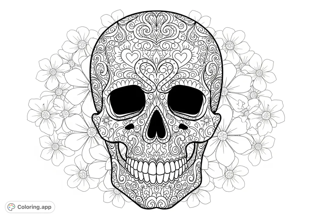 Patterned Skull Floral Background - Coloring.app