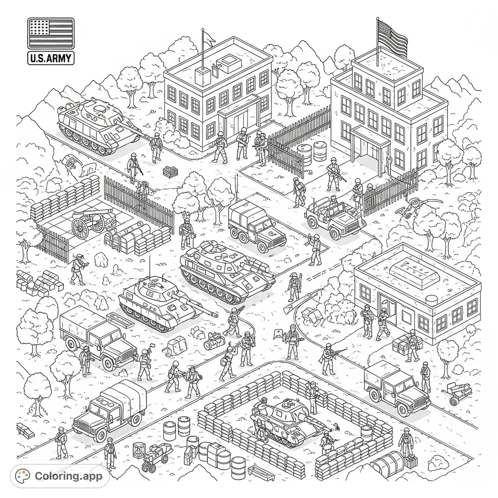 Bustling Military Base Isometric View - Coloring.app