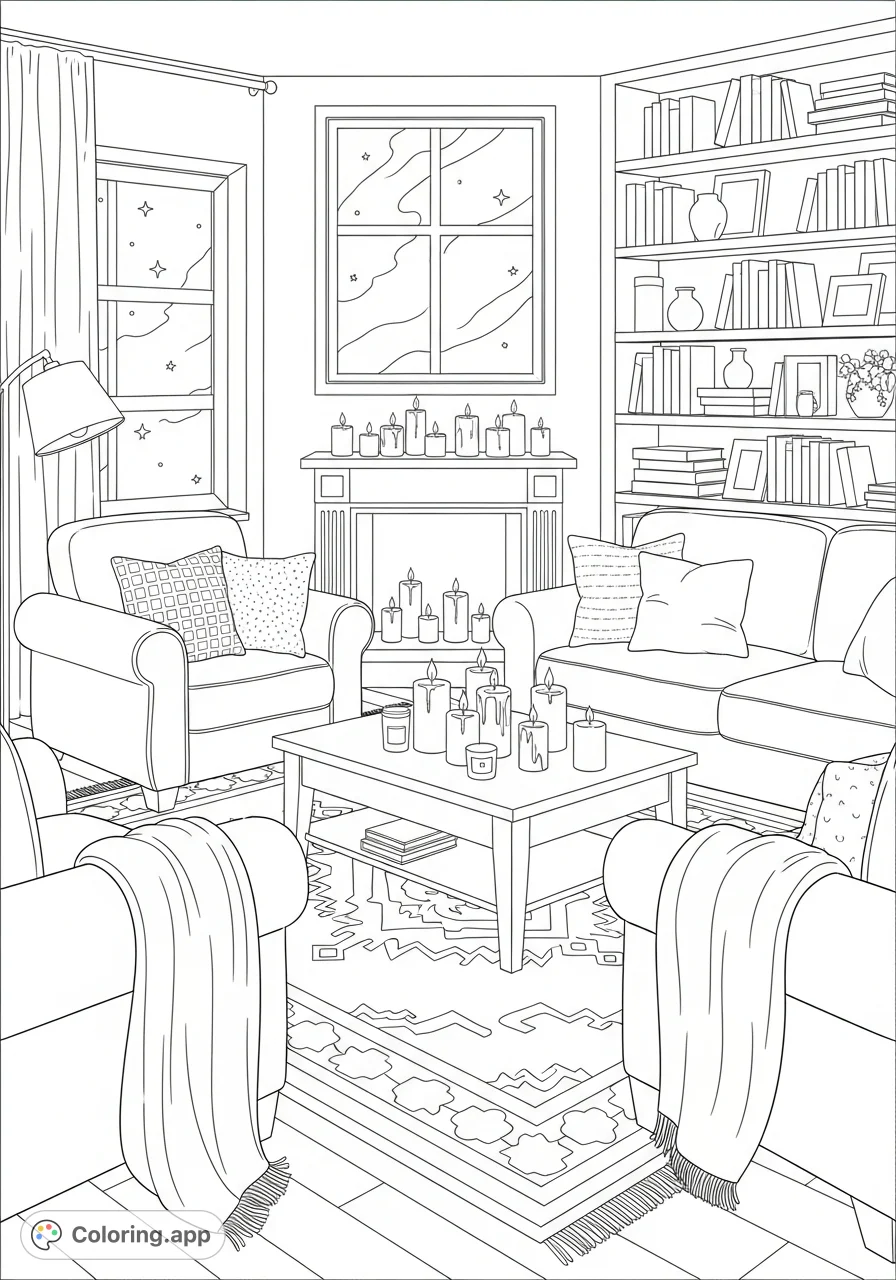 Cozy Candlelit Living Room - Coloring.app