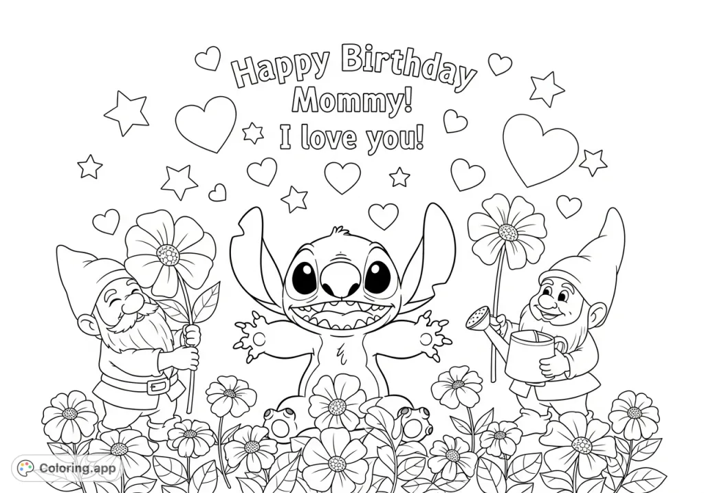Stitch and Gnomes Birthday Garden - Coloring.app