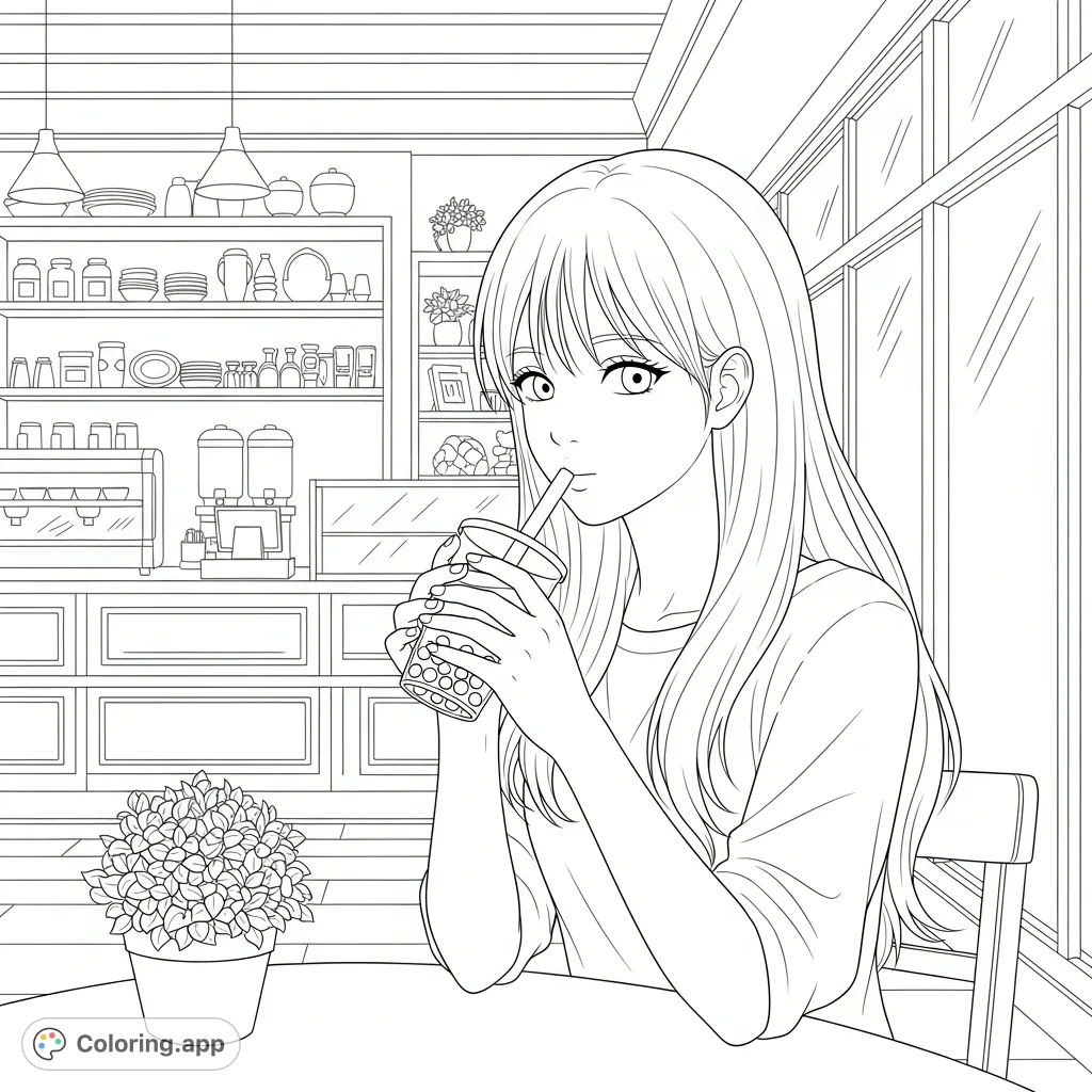 Anime Girl Boba Cafe - Coloring.app