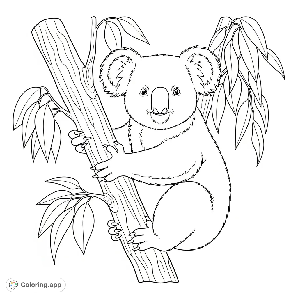 Cuddly Koala on Eucalyptus Branch - Coloring.app