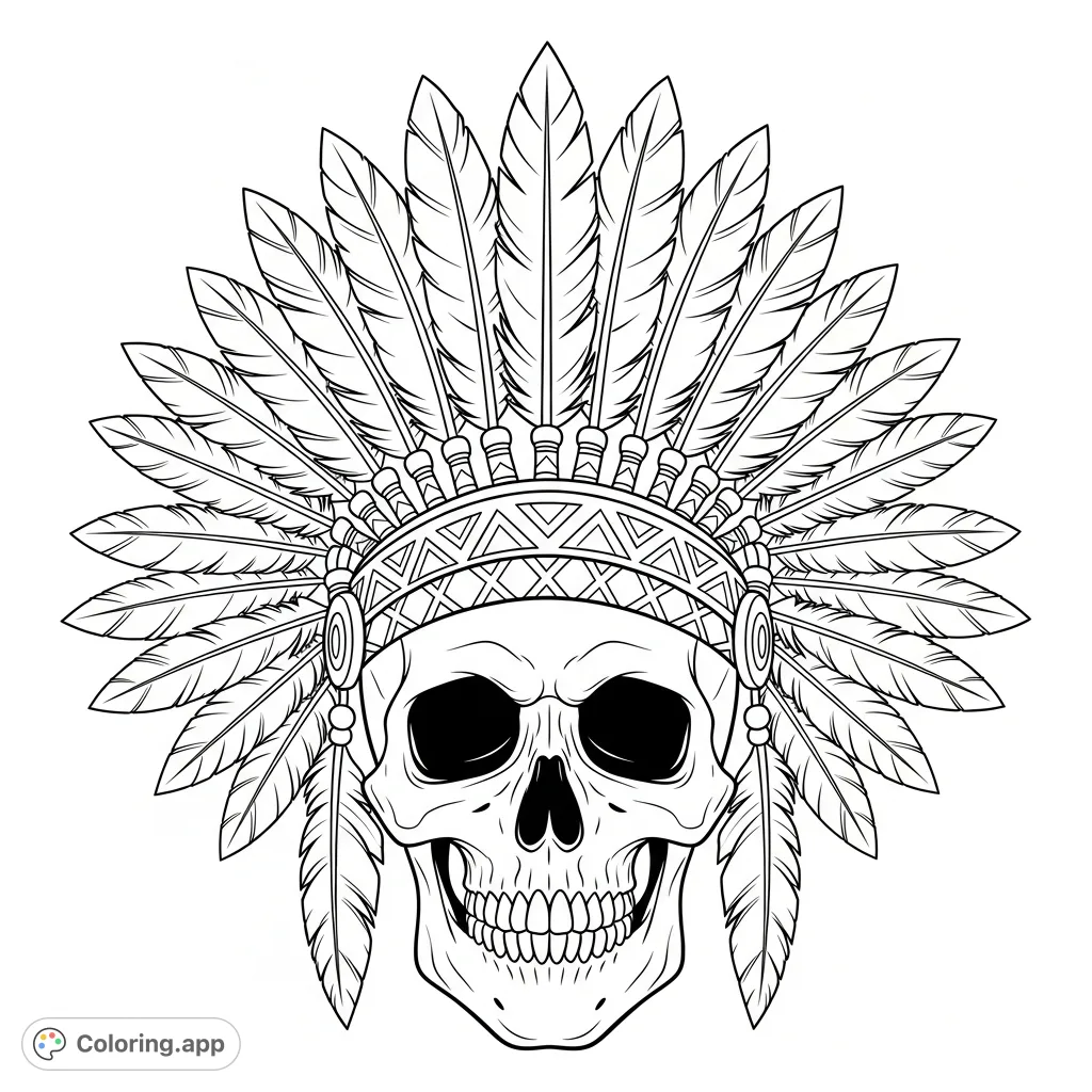 Adorned Feather Headdress Skull - Coloring.app