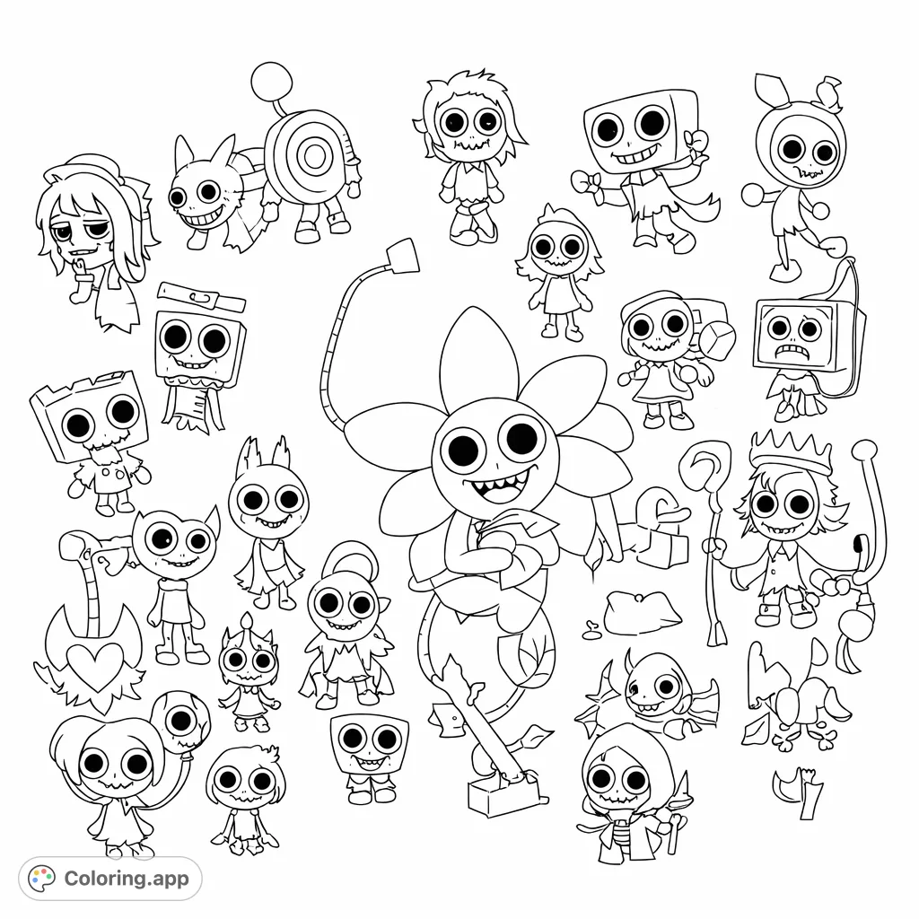 Eerie Cartoon Character Gathering - Coloring.app