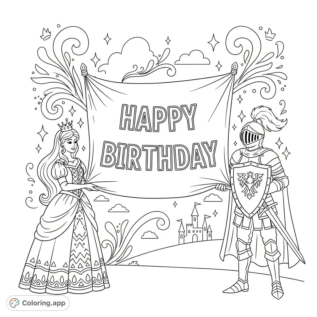Princess Knight Birthday Banner - Coloring.app