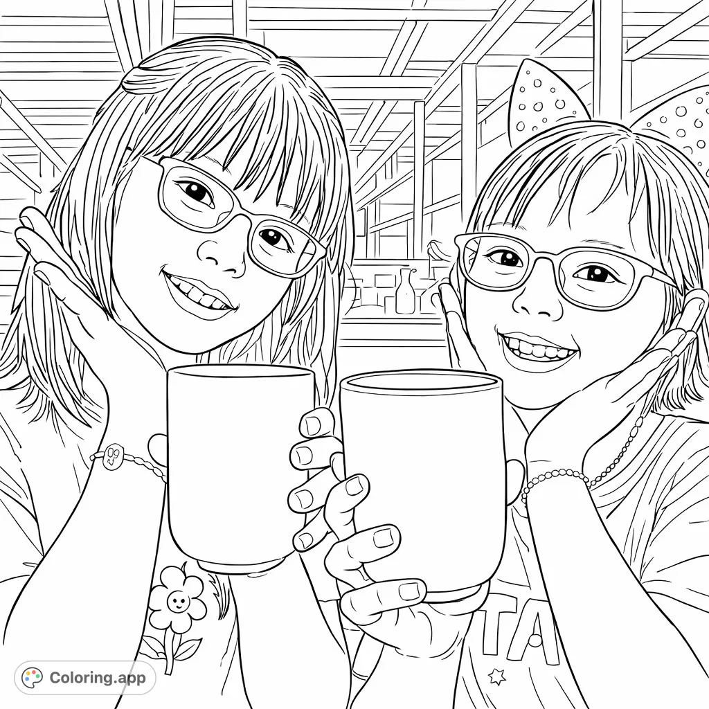 Smiling Friends with Mugs - Coloring.app