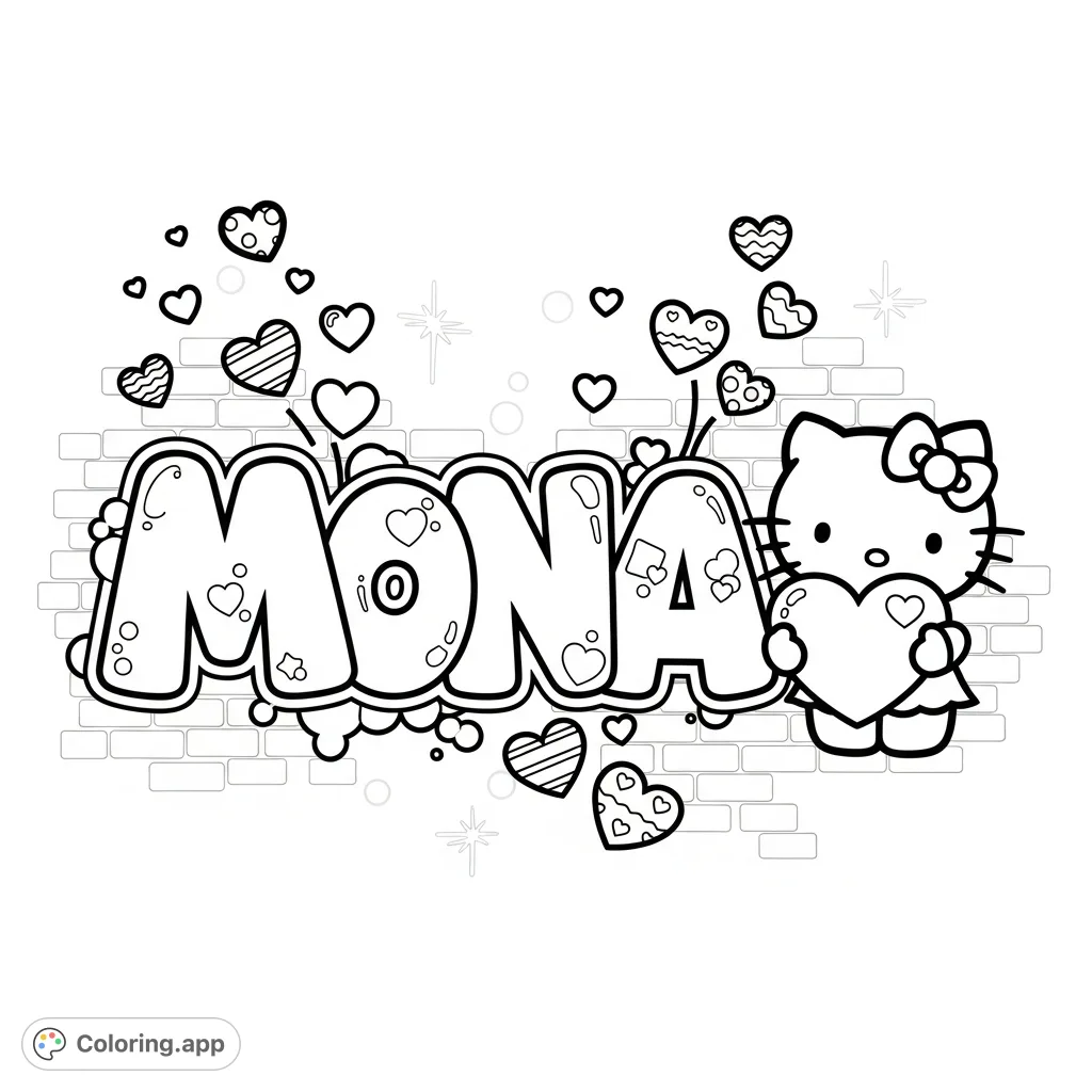 Mona Graffiti Hello Kitty Hearts - Coloring.app