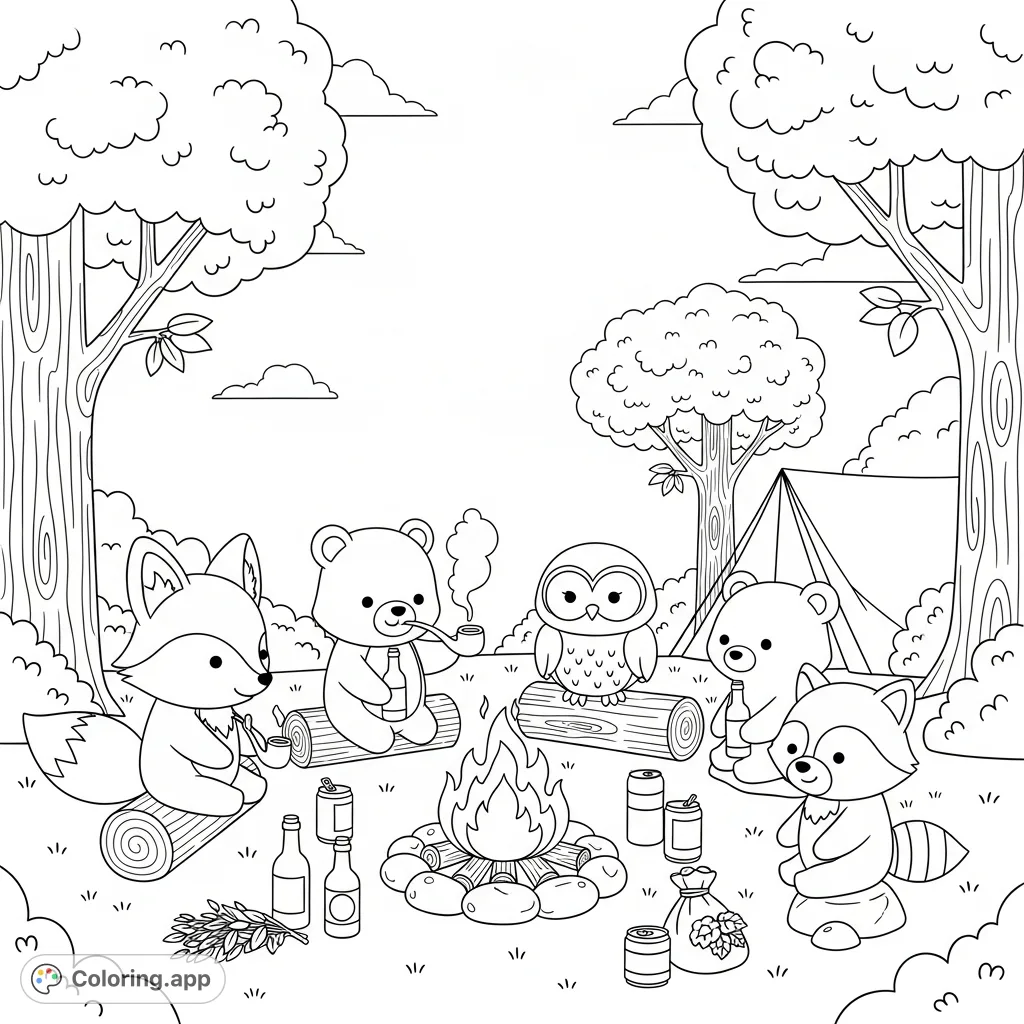Woodland Creature Campfire Chill - Coloring.app