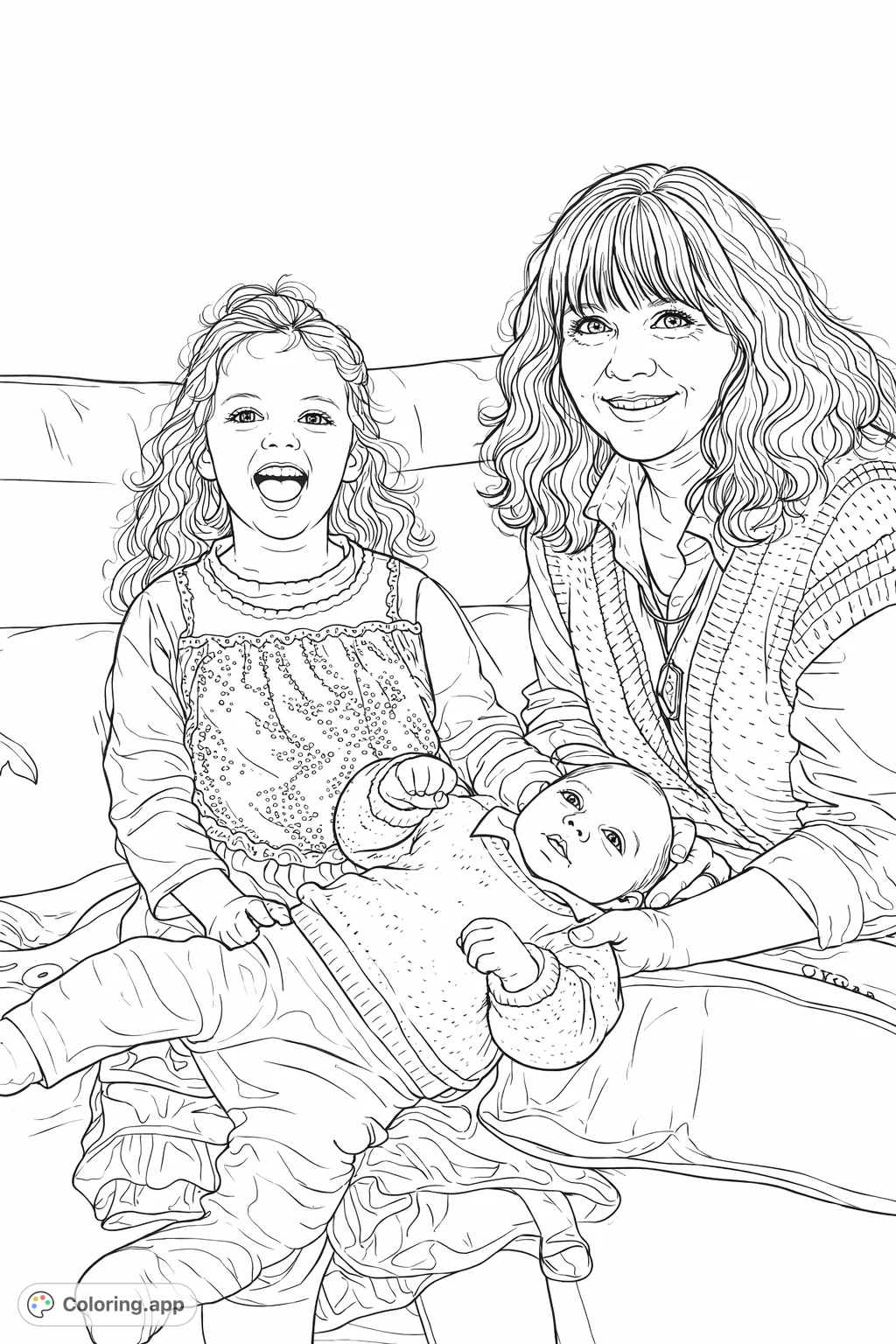 Family Generations on Sofa - Coloring.app