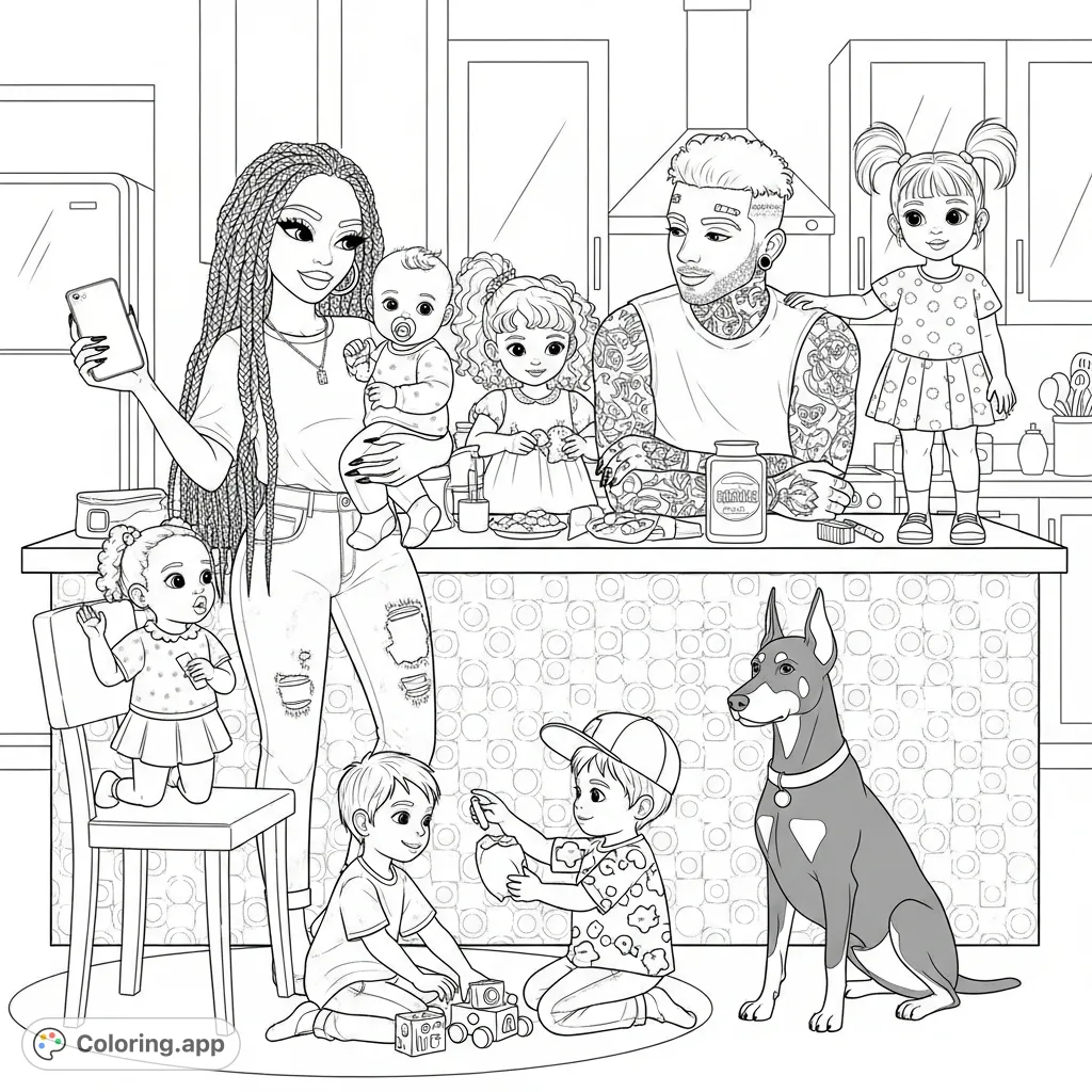 Bustling Family Kitchen Scene - Coloring.app