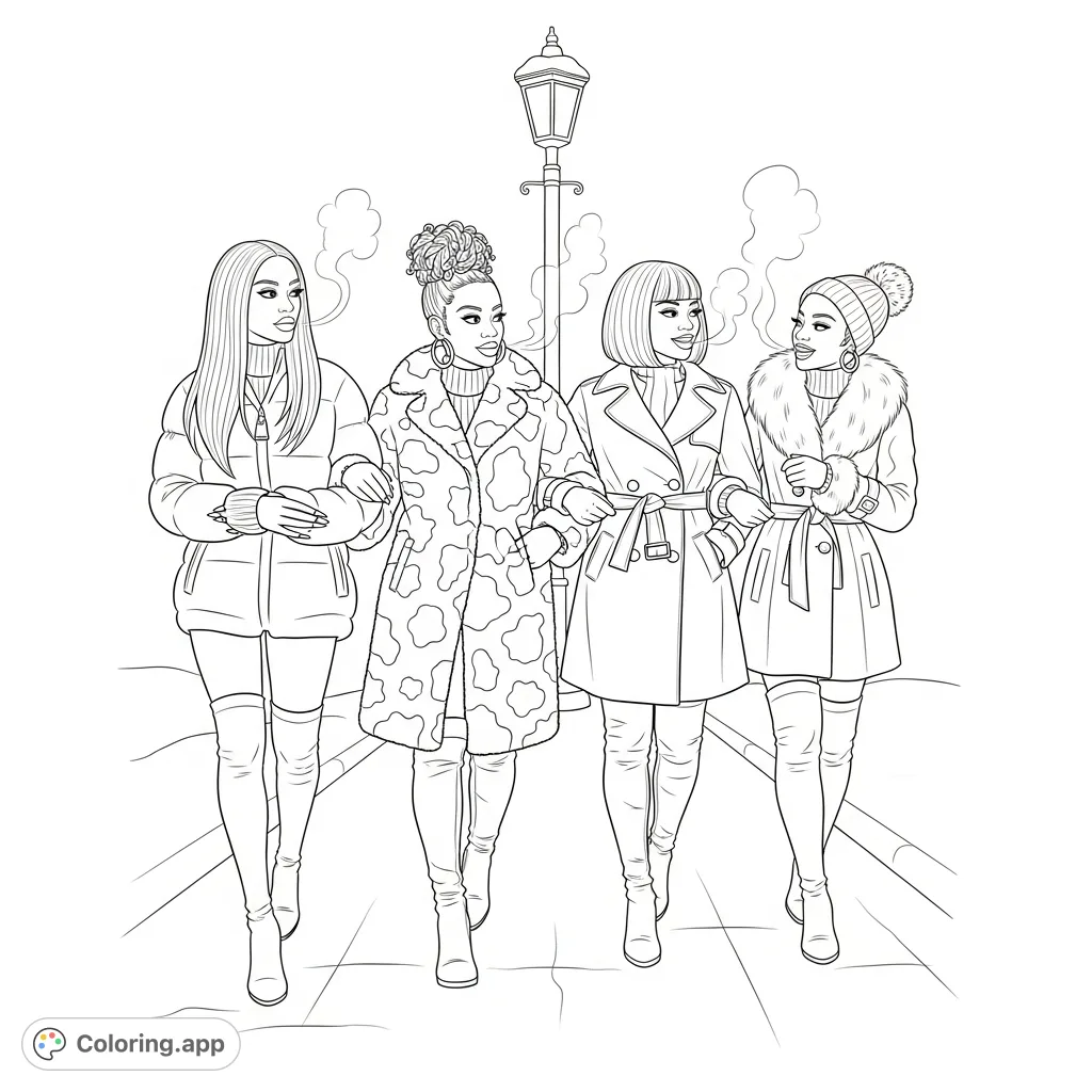 Sisters on a Winter Night Walk - Coloring.app