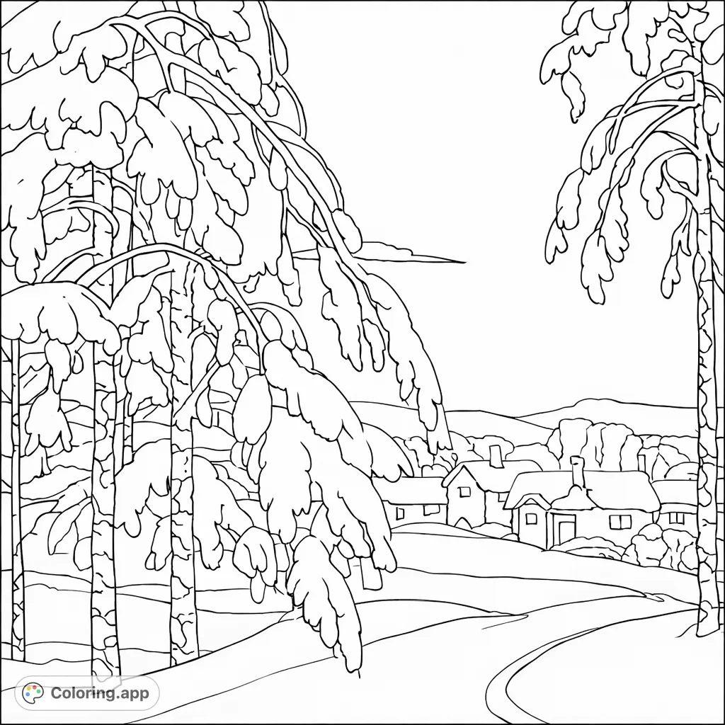 Snowy Forest Village Winter Scene - Coloring.app