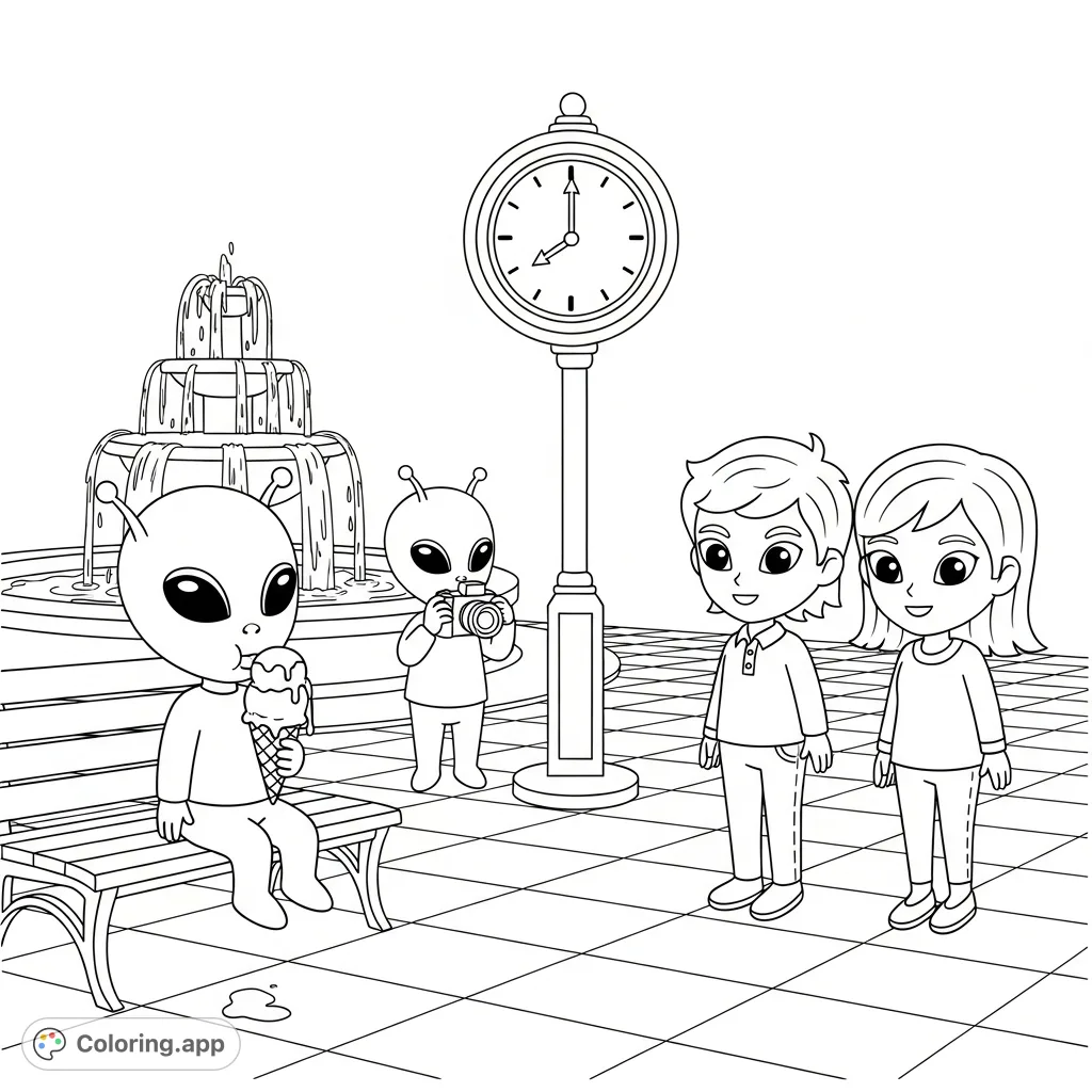 Friendly Alien Town Square - Coloring.app
