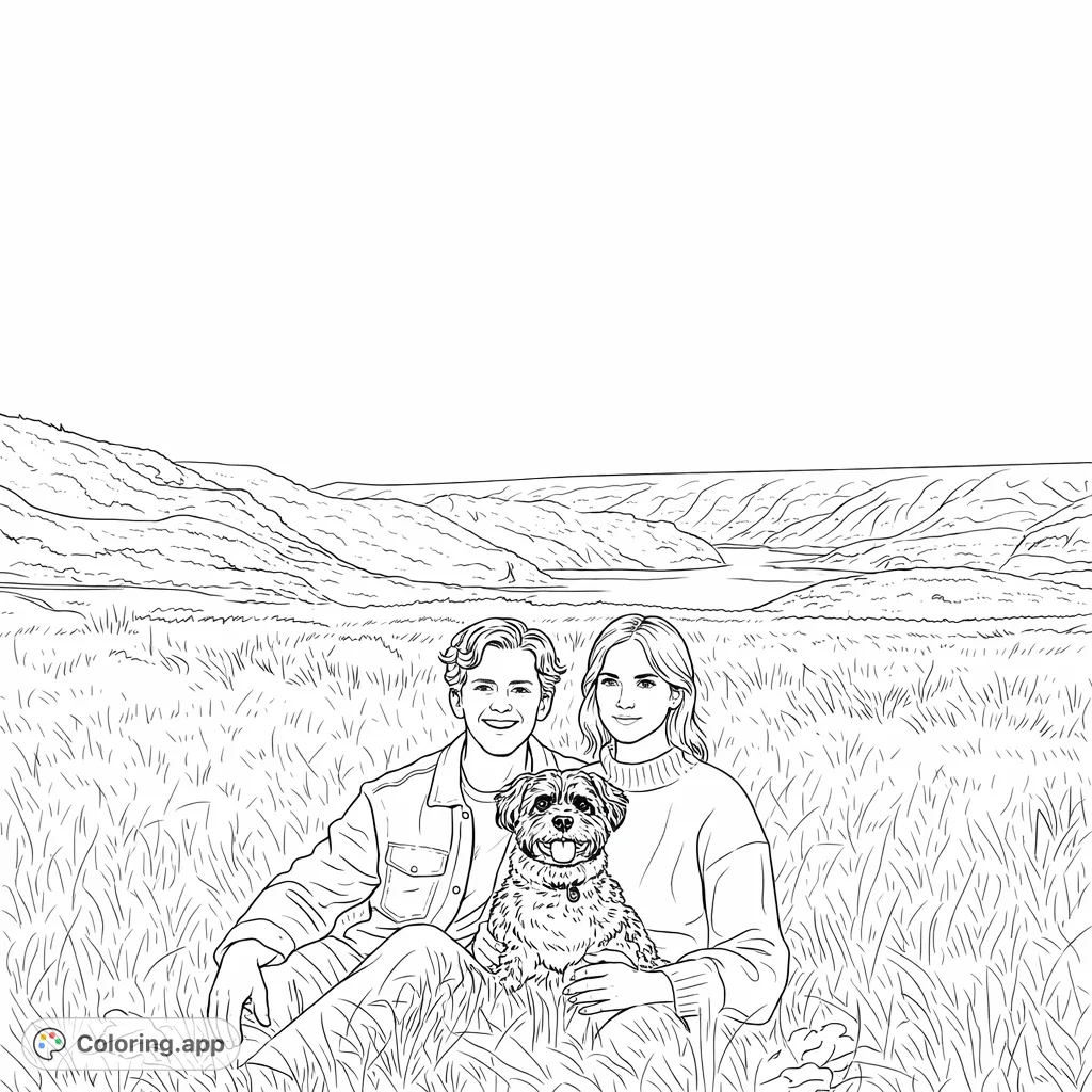 Couple, Dog, and Scenic Hills - Coloring.app