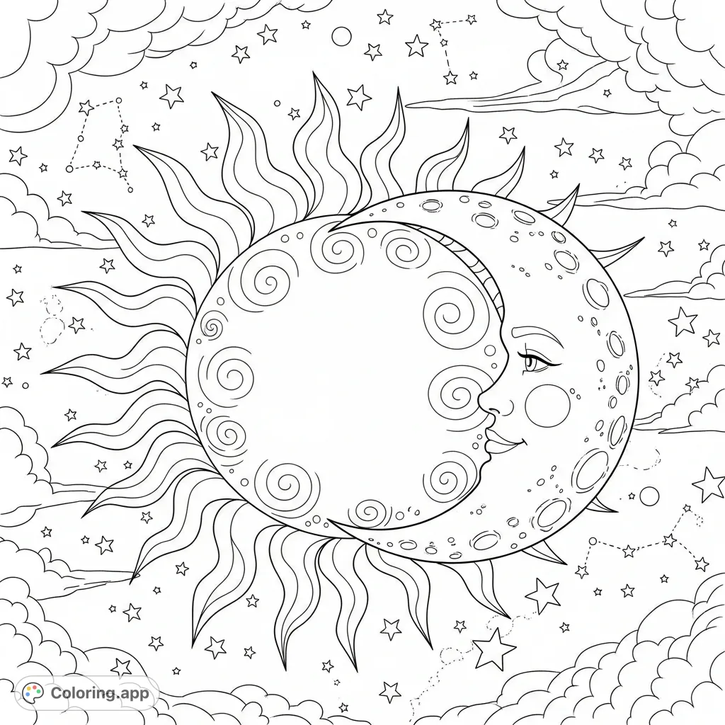 Cosmic Sun and Moon Tapestry - Coloring.app