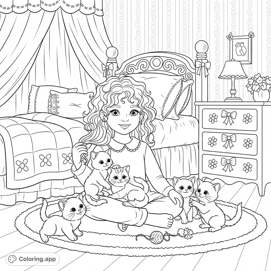 Girl and Playful Kittens - Coloring.app