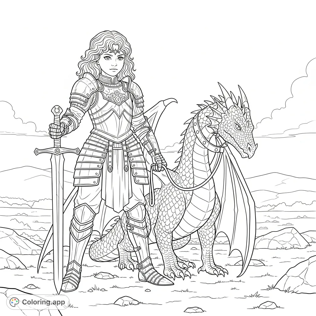 Girl Knight Dragon Companion - Coloring.app