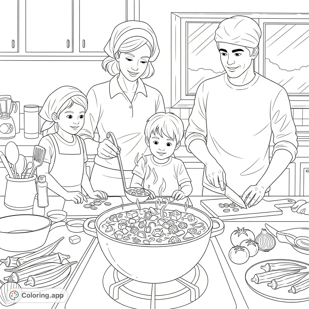 Family Okra Stew Preparation - Coloring.app