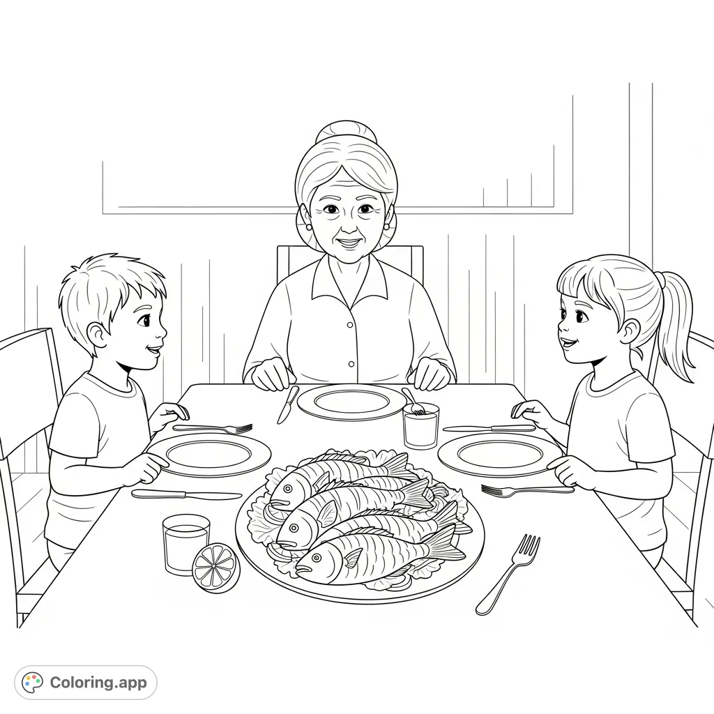 Grandma's Fish Fry Dinner - Coloring.app