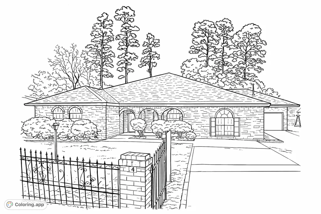 Suburban Brick Home Landscape - Coloring.app