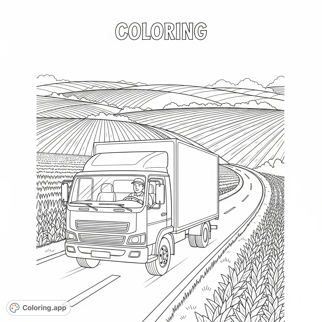Delivery Truck on Farm Road - Coloring.app