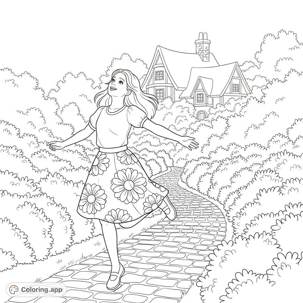Girl Skipping Floral Path - Coloring.app