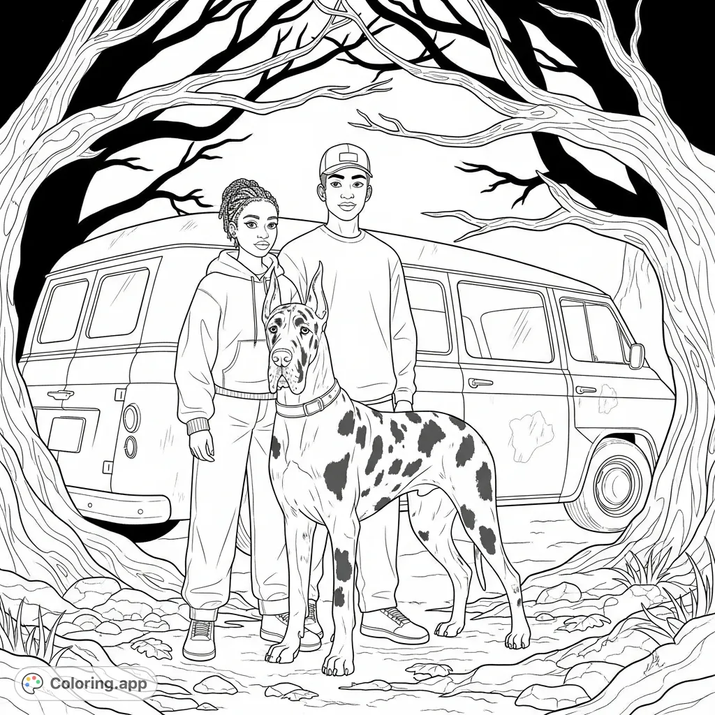 Diverse Characters, Great Dane, Van - Coloring.app