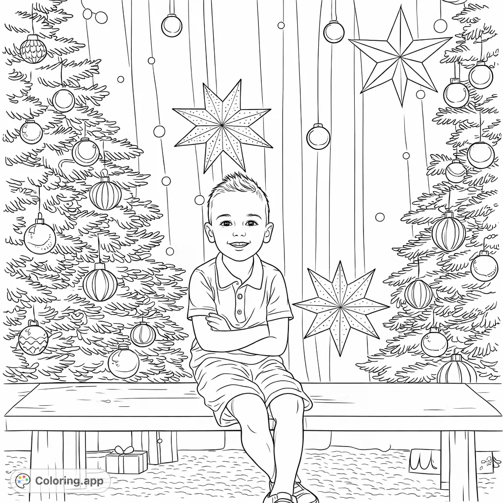 Festive Boy Among Holiday Trees - Coloring.app