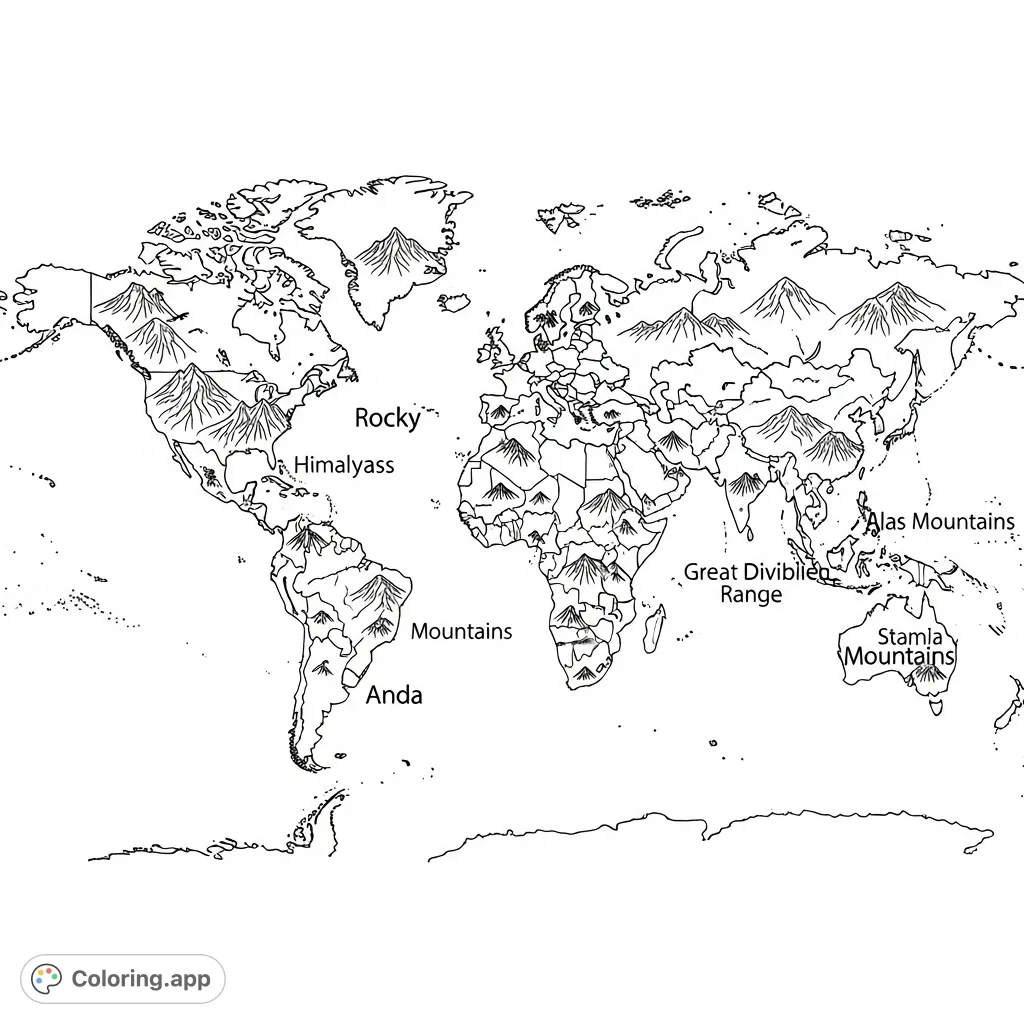 World Map Mountain Ranges - Coloring.app