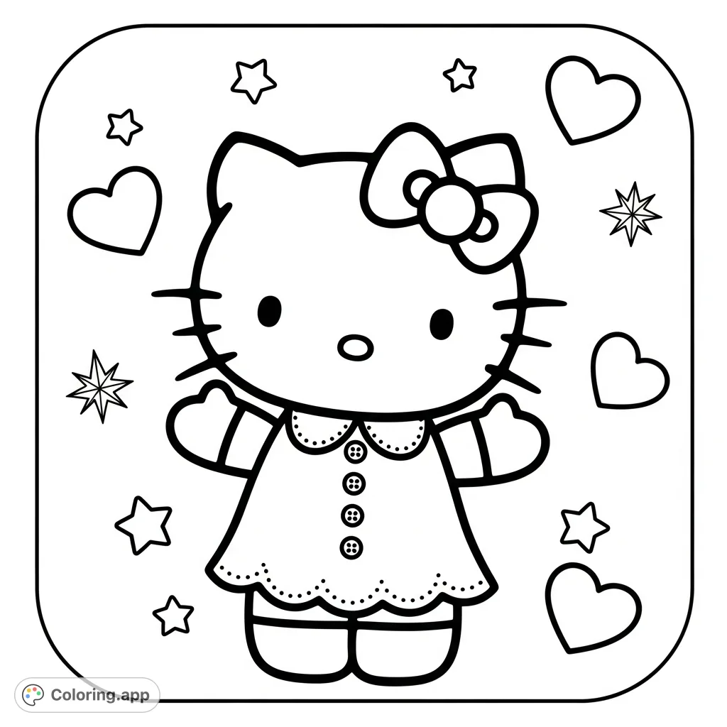Hello Kitty with Hearts and Stars - Coloring.app
