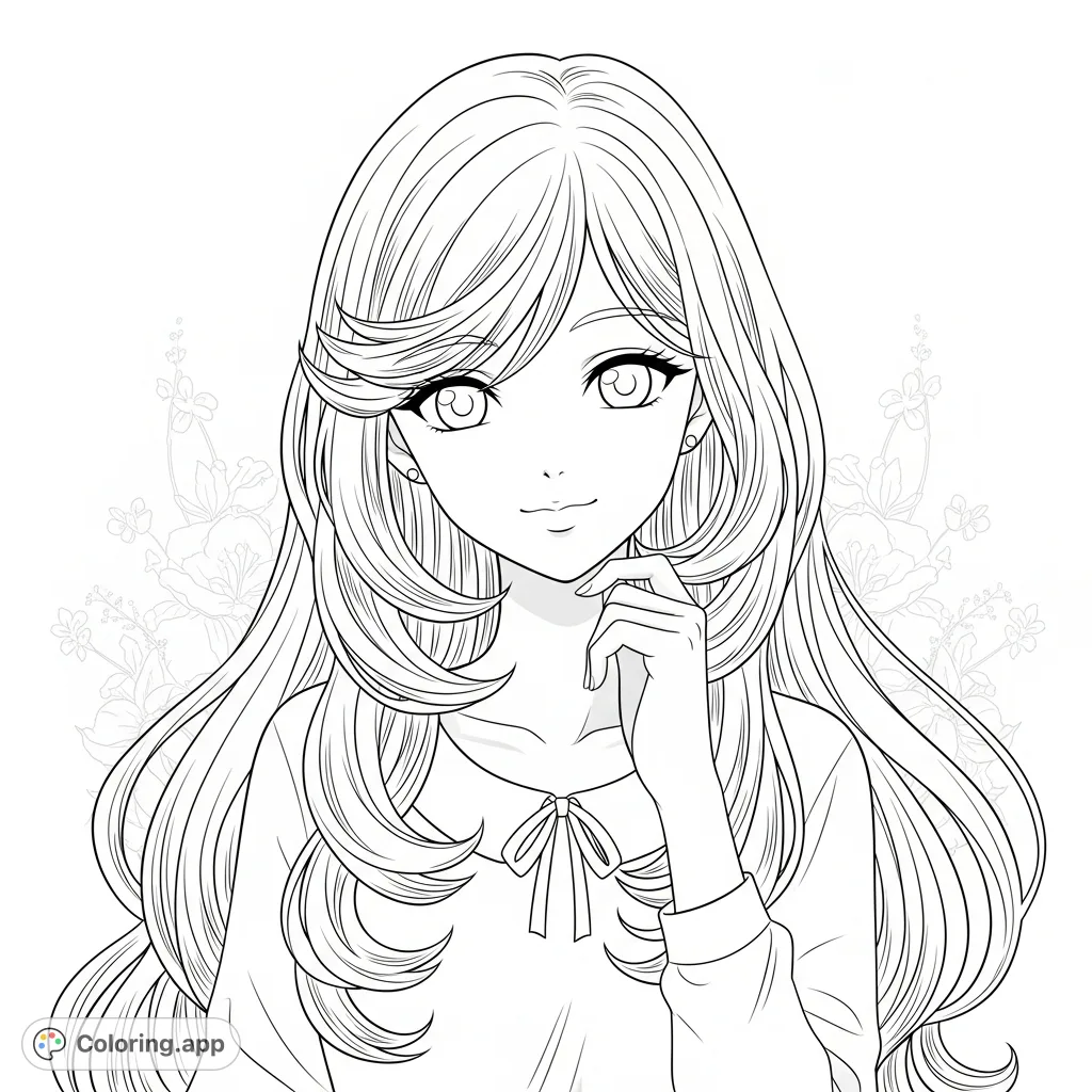 Graceful Anime Girl Portrait - Coloring.app