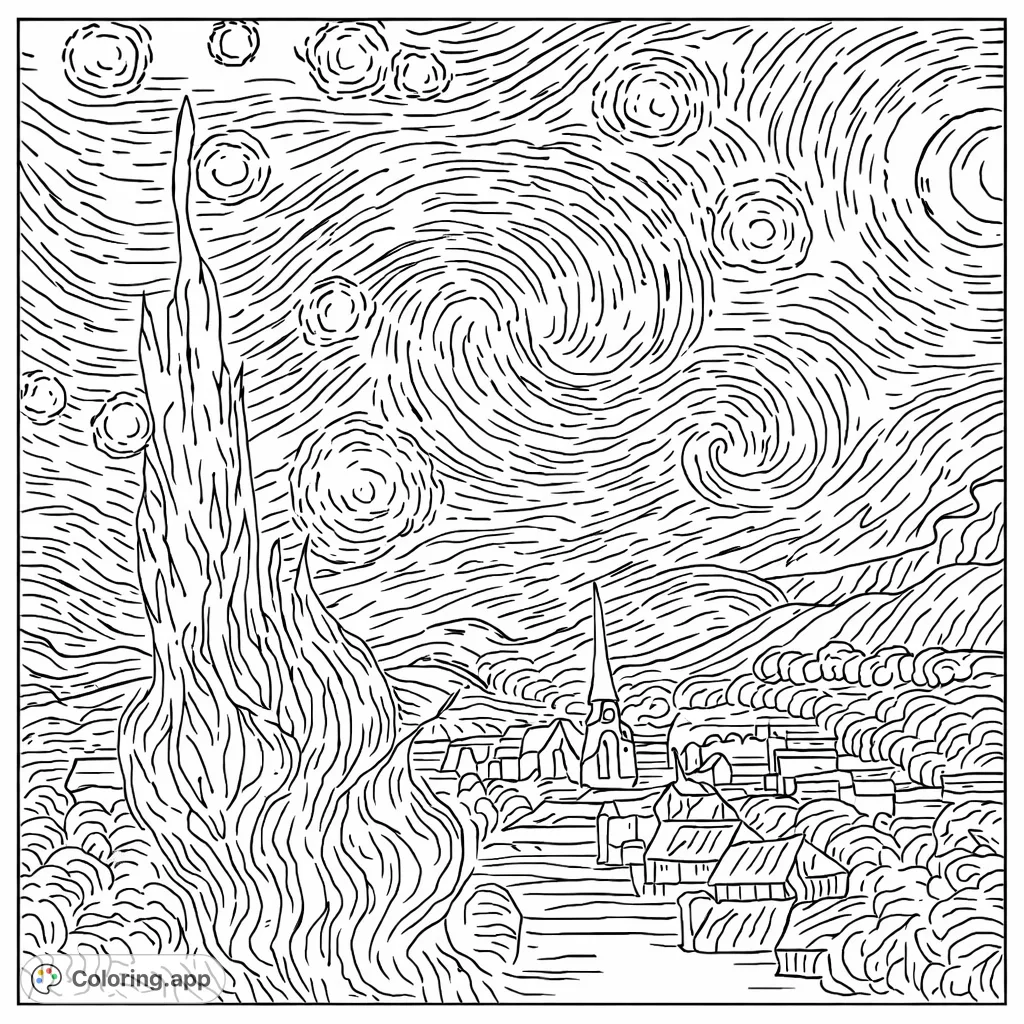 Starry Village Landscape - Coloring.app