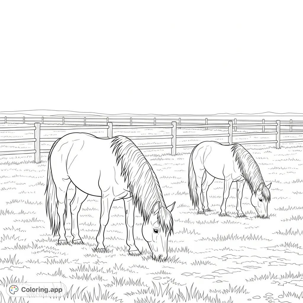 Grazing Ponies in Field - Coloring.app
