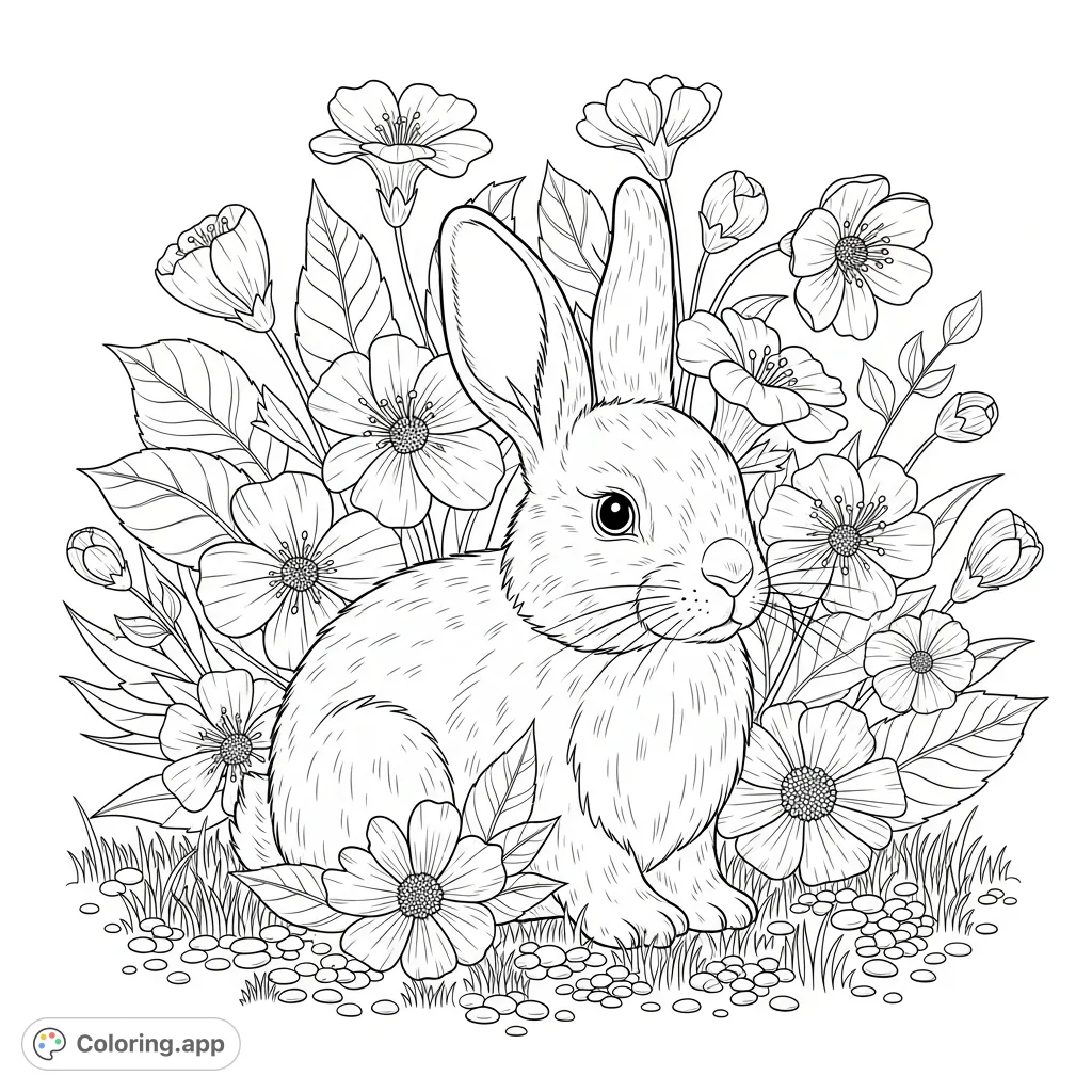 Bunny in Blossom Field - Coloring.app