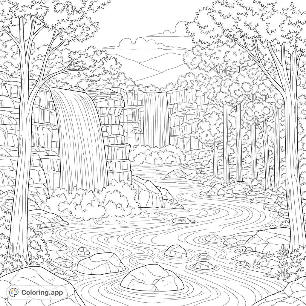 Cascading Waterfall River Scene - Coloring.app